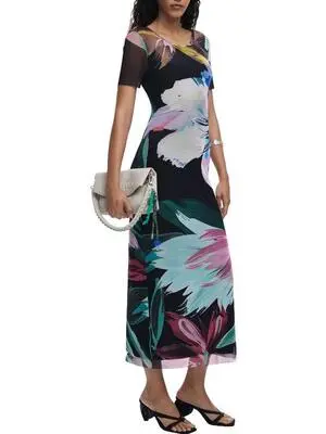 Desigual Floral Print Mesh Maxi Dress - Black