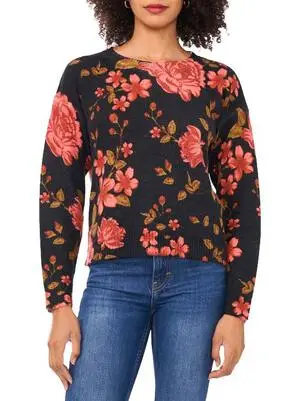 CECE DUPRAZ Floral Jacquard Pullover Sweater Rich Black
