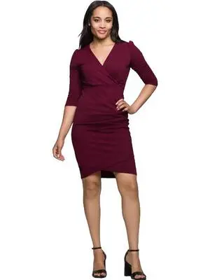 24SEVEN COMFORT APPAREL V-neck Faux Wrap Dress - Wine
