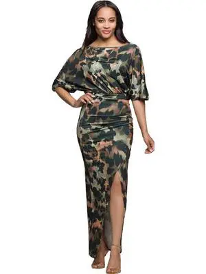 24SEVEN COMFORT APPAREL Abstract Print Batwing Sleeve Maxi Dress With Slit - Green Multi