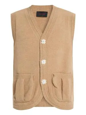 Simone Rocha Virgin Wool Knit Cardigan Vest - Camel/pearl