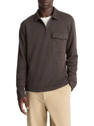 Vince Herringbone Long Sleeve Quarter Zip Polo - Heather Dark Roast/black