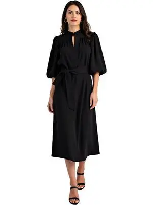 MODENAIRE Puff Sleeve Midi Dress With Belt - Black