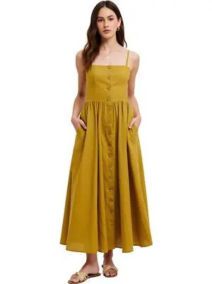 MODENAIRE Button Front Midi Dress With Pockets Mustard Yellow
