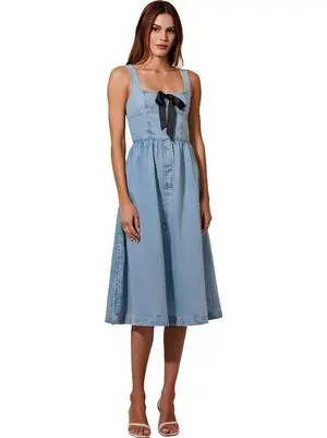 MODENAIRE Denim Midi Dress With Bow - Light Blue
