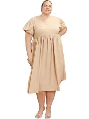 FASHION-SZN CURVE Puff Sleeve Smock Midi Dress - Stone