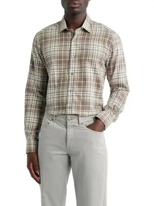 Scott Barber Weekend Regular Fit Heathered Plaid Cotton Button-up Shirt - Cocoa Heather