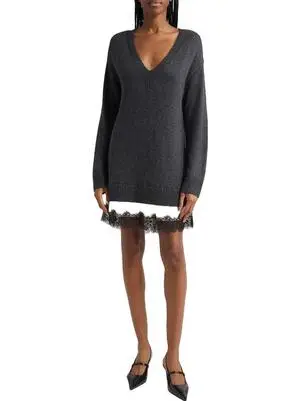 Cinq À Sept Simona Lace Trim Sweater Dress - Charcoal