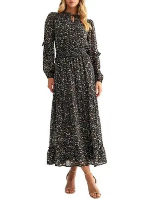 QUINCY MAE Floral Print Tie Neck Maxi Dress - Black Floral