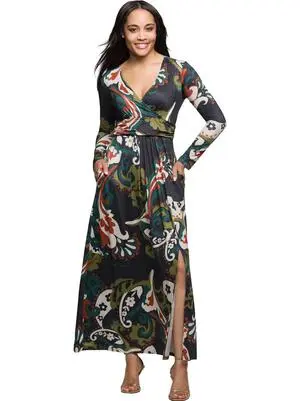 24SEVEN COMFORT APPAREL Paisley Print Long Sleeve Wrap Maxi Dress - Green Multi