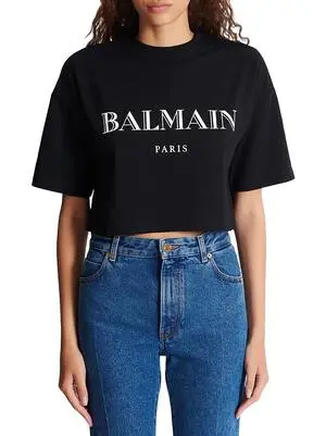 Balmain Boxy Cropped T-shirt With Print - Black