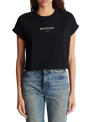 Balmain Cropped T-shirt With Print - Black