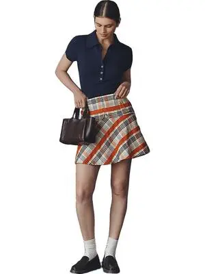 Maeve Tweed Button-front Mini Skirt - Orange & Navy