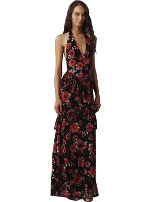 AFRM Halter Ruffle Maxi Dress Black Pattern