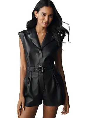 Anthropologie Faux Leather Sleeveless Blazer Romper - Black