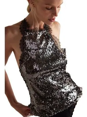 Free People Sequin Cami With Lace Detail - Gunmetal Combo