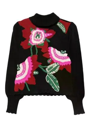 Farm Rio Floral-embroidered Sweater - Black