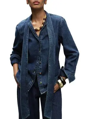 Mango Tie Neck Denim Button-up Shirt - Dark Blue