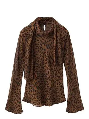 Mango Valeria Animal Print Tie Neck Top - Brown/black