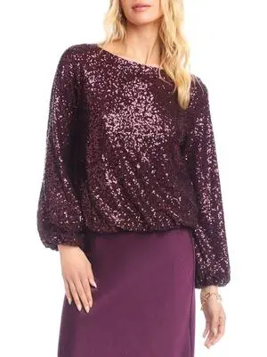 Karen Kane Sequin Boat Neck Top - Eggplant