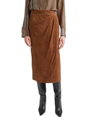 Max Mara Jerez Goatskin Suede Wrap Midi Skirt - Tobacco