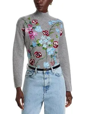 Bloomingdale'S Garden Floral Mock Neck Cashmere Sweater - Medium Grey