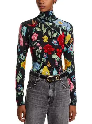 BLOOMINGDALE'S Floral Print Cashmere Turtleneck Sweater