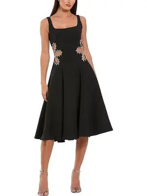 Mac Duggal Sleeveless Crepe Rhinestone Cutout Midi Dress - Black