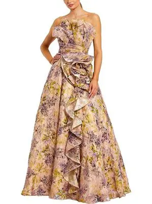 Mac Duggal Strapless Floral Jacquard Ballgown - Blush Multi