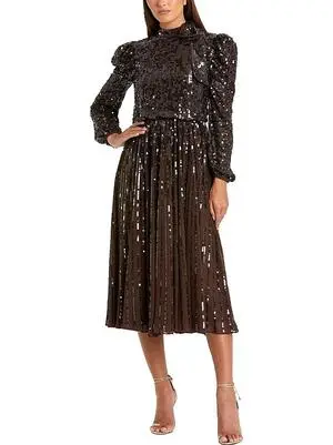 Mac Duggal Sequin Puff Sleeve Pleated Midi Dress - Dark Chocolate