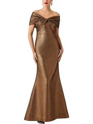 Rickie Freeman For Teri Jon Off-shoulder Twist Metallic Jacquard Gown - Bronze