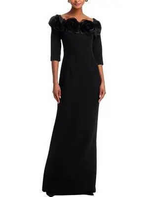 Rickie Freeman For Teri Jon Crepe 3d Flower Off-the-shoulder Gown - Black