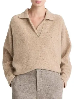 Vince Donegal Dolman Polo Collar Cashmere Sweater - Heather Oat Done