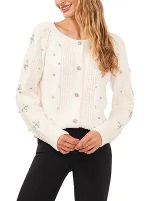CECE DUPRAZ Rhinestone Cable Knit Cardigan - Antique White