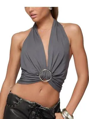 EDIKTED Metal Ring Backless Halter Top - Gray