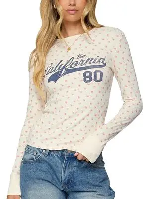 EDIKTED Floral Ribbed Long Sleeve T-shirt - Cream