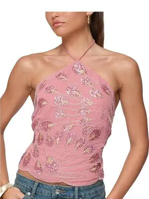 EDIKTED Embroidered Bead & Sequin Halter Top - Pink