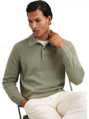 REISS Deansgate Wool-blend Polo Jumper With Cashmere - Sage Green