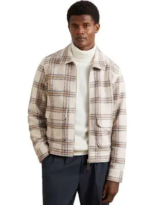 REISS Varena Zip-through Check Overshirt With Wool - Stone