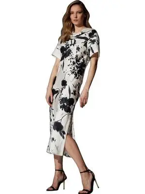 Natori Nara Silk Twill Beaded Column Dress - Gray / Black / White