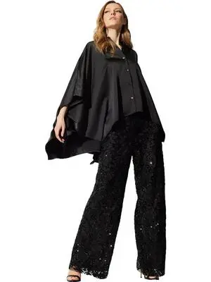 Natori Luxe Charmeuse Button Down Caftan Shirt - Black
