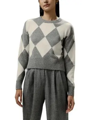 Lilysilk Diamond Pattern Cashmere Sweater Gray White