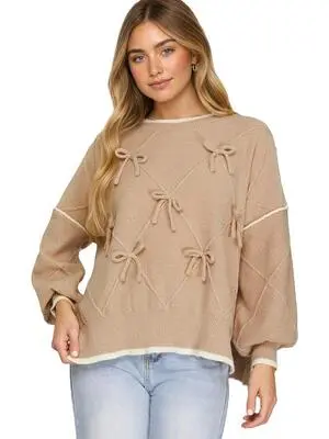 KNIT & LOUNGE Bow Detail Knit Sweater - Beige