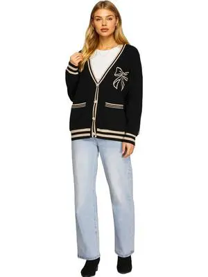 KNIT & LOUNGE Contrast Trim Bow Cardigan - Black/beige Trim