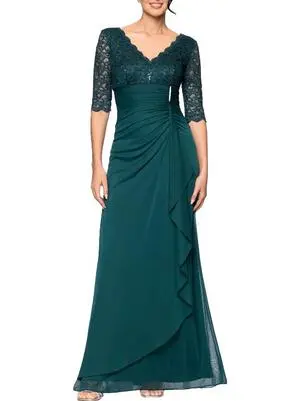 Betsy & Adam Sequin & Lace Bodice A-line Dress - Pine