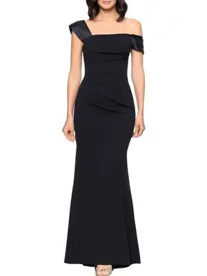 Betsy & Adam Ruched Off-the-shoulder Scuba Column Gown - Black