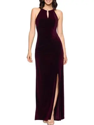 Betsy & Adam Sleeveless Velvet Gown - Burgundy