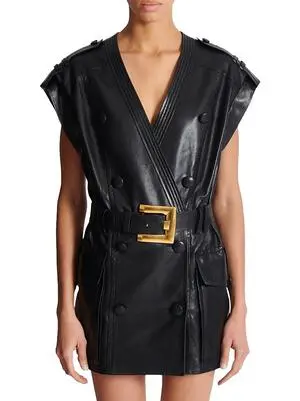 BALMAIN Lambskin Leather Belted Short Dress