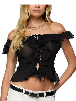 EDIKTED Sheer Chiffon Ruffled Off-shoulder Top - Black