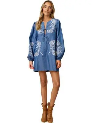 KNIT & LOUNGE Embroidered Chambray Mini Dress - Chambray Blue